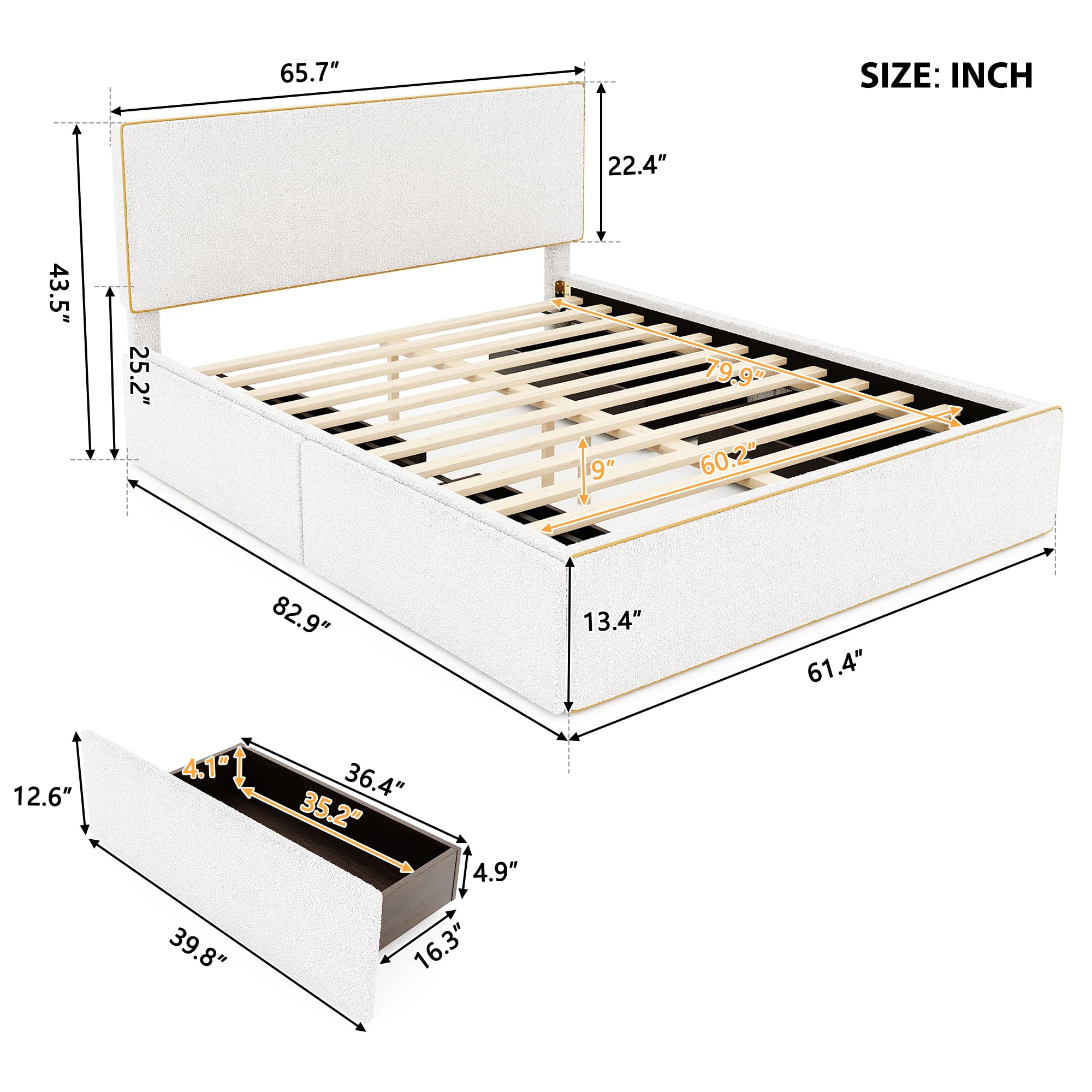 Queen Size Bed Frame with 4 Storage Drawers, Modern Upholstered Platform Bed with White Edge On The Headboard & Footboard, Wood Slat Support, No Box Spring Needed (White-Queen)