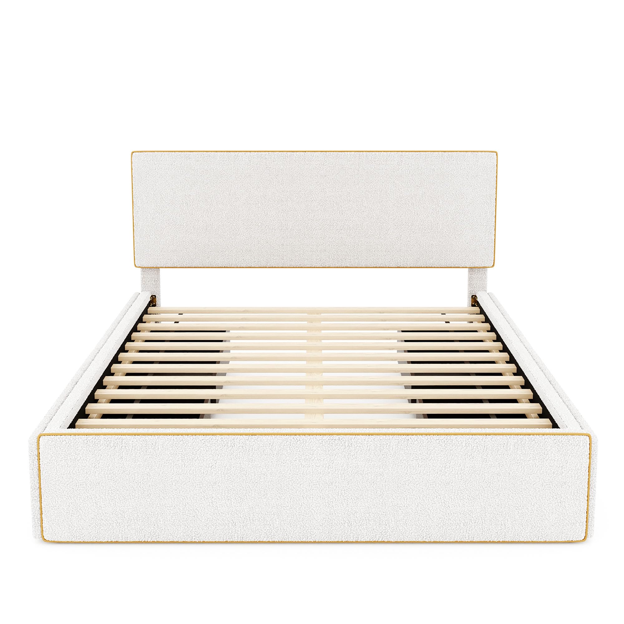 Queen Size Bed Frame with 4 Storage Drawers, Modern Upholstered Platform Bed with White Edge On The Headboard & Footboard, Wood Slat Support, No Box Spring Needed (White-Queen)