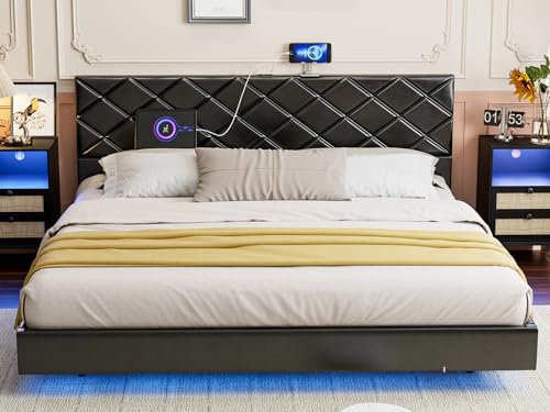 IKIFLY California King Floating Bed Frames with 2 USB Ports - Upholstered Faux Leather Cal King Platform Bed with LED Lights, No Box Spring Needed, Solid Wood Slats, Easy Assembly - Black