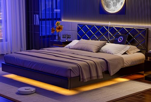 IKIFLY California King Floating Bed Frames with 2 USB Ports - Upholstered Faux Leather Cal King Platform Bed with LED Lights, No Box Spring Needed, Solid Wood Slats, Easy Assembly - Black