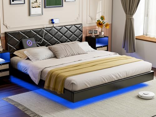 IKIFLY California King Floating Bed Frames with 2 USB Ports - Upholstered Faux Leather Cal King Platform Bed with LED Lights, No Box Spring Needed, Solid Wood Slats, Easy Assembly - Black