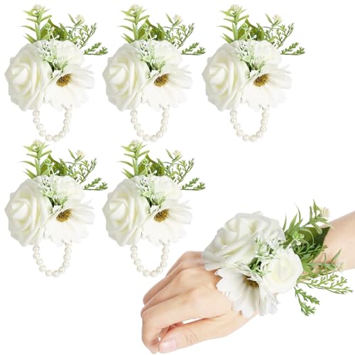 Jieowvhc Ivory White Rose Wrist Corsage for Wedding, Set of 6 Prom Flower Corsage Wristlet Wristband for Women Girls Bride Bridesmaid Artificial Rose Hand Flowers for Homecoming Ceremony Anniversary P