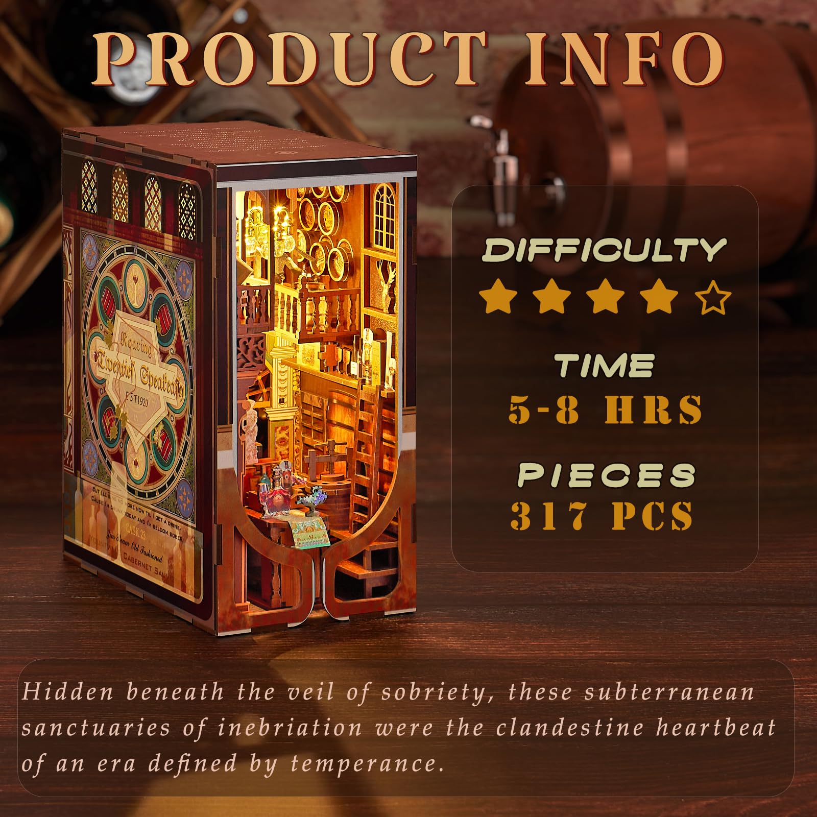 MiniCity Book Nook Kit, DIY Miniature Dollhouse Booknook Kit, 3D Wooden Puzzle Bookend Bookshelf Insert Decor with LED Light for Teens and Adults (Roaring Twenties Speakeasy)