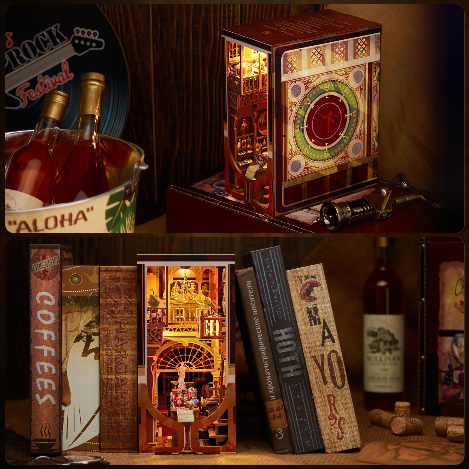MiniCity Book Nook Kit, DIY Miniature Dollhouse Booknook Kit, 3D Wooden Puzzle Bookend Bookshelf Insert Decor with LED Light for Teens and Adults (Roaring Twenties Speakeasy)