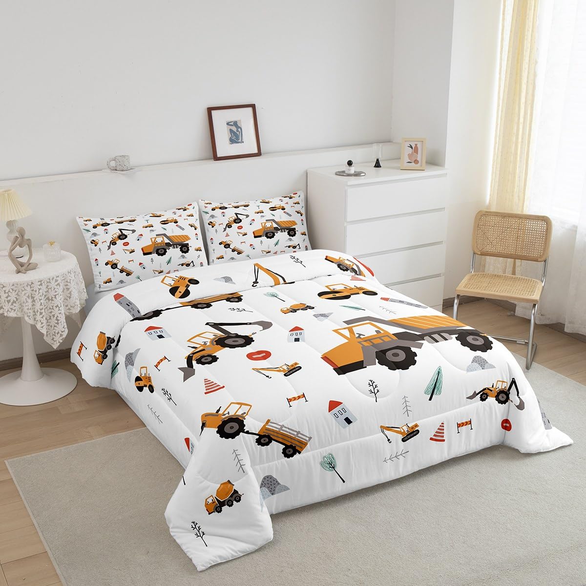 jejeloiu 7 Pieces Excavator Comforter Set Full Size & Excavator Sheet Set Full Size