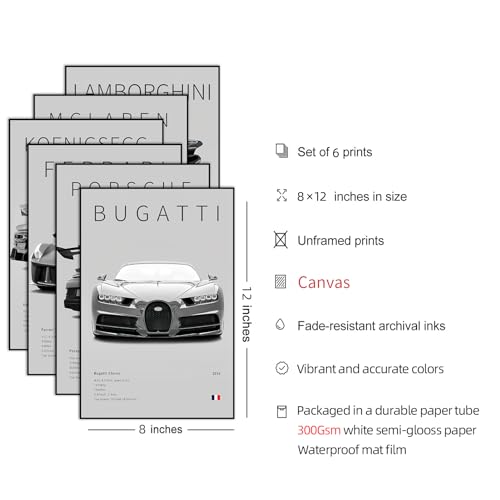 Car Canvas Poster Wall Art, Supercar Art Prints, 6pac/Set (6 Set, 8 x 12 in Unframed)