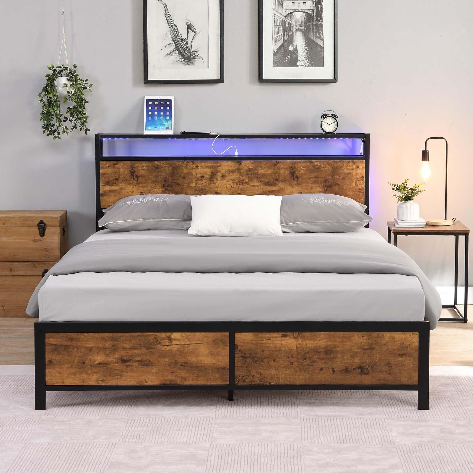 OTRIEK Industrial Queen Bed Frame with LED Lights & 2 USB Ports, Bed Frame Queen Size with Storage Under Bed & Wooden Headboard for Teens Adults Bedroom, Noise Free/No Box Spring Needed (Queen)