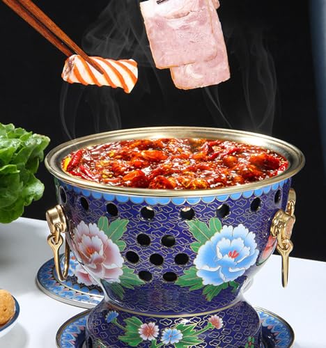 VIDECOR Chafing Dishes Single Person Small Copper Pot Old Beijing Small Fat Cow Hot Pot Chinese Traditional Cloisonne Hot Pot Commercial Alcohol Shares Red Copper Hot Pot,H