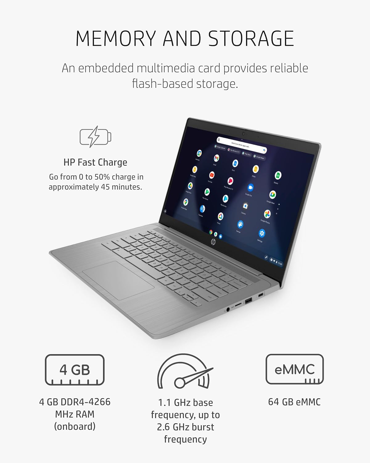 HP Chromebook Laptop Computer, 14” HD Display Light PC, Intel Celeron N4120 Quad-Core, 4GB DDR4 RAM, 64GB eMMC, USB-C, Wi-Fi 5, Bluetooth, Webcam, Long Battery Life, Chrome OS, Gray, PCM