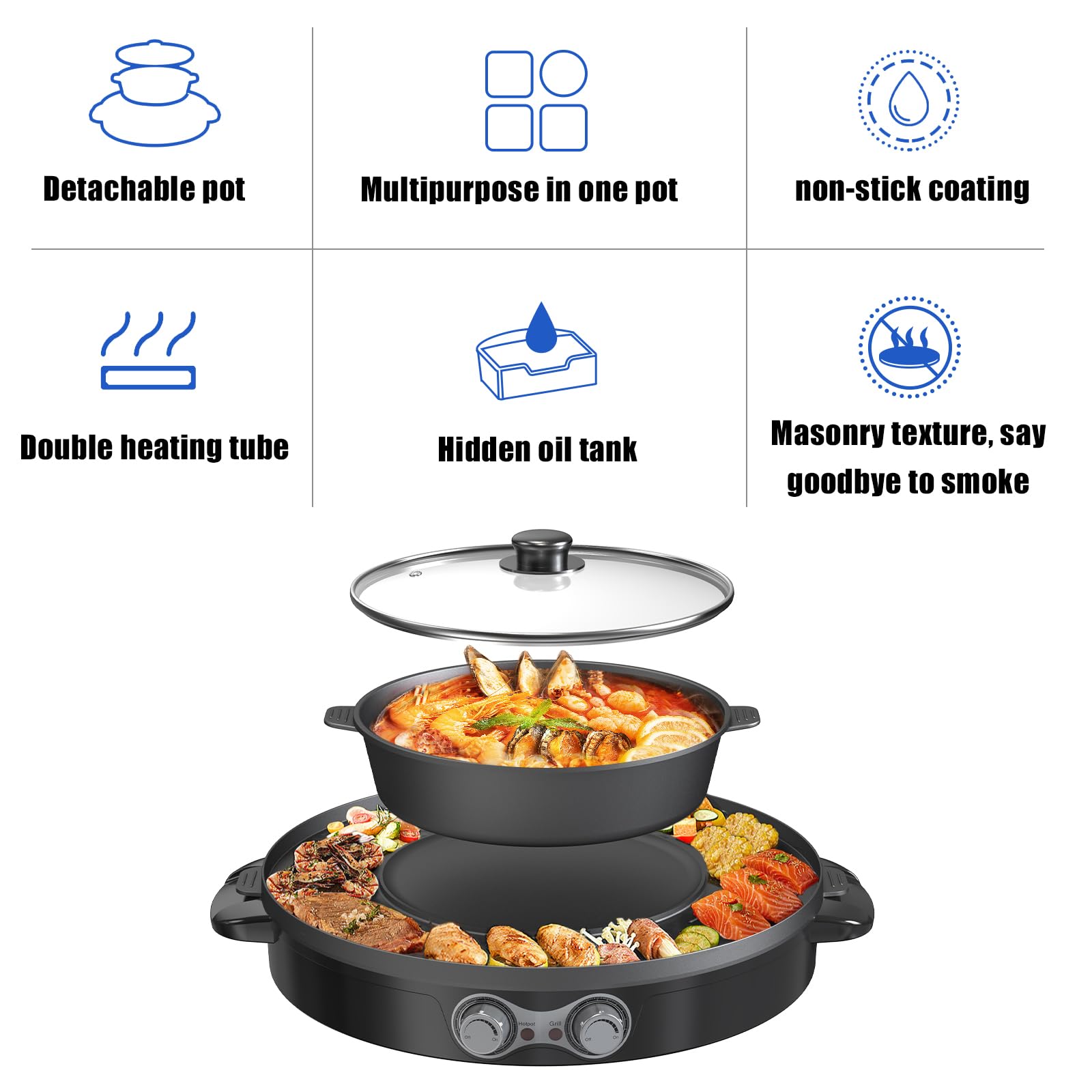 2 in 1 Electric Grill Pan and Hot Pot with Free Clips,Brushes,soup & colander ladle,2200W Dual Temperature Control Korean Shabu Shabu,Non Stick Coating, Smokeless, Split Easy Cleaning.【Black】