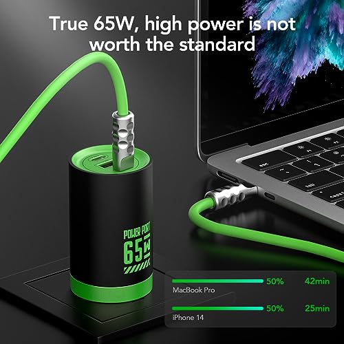 MFish 65W GaN Fast Wall Charger Block with 2 USB-C & 1 USB-A Ports, 5ft Nylon Extension Adapter – High-Speed Charging for iPhone, iPad, MacBook, Samsung Galaxy, and More Devices (Green)