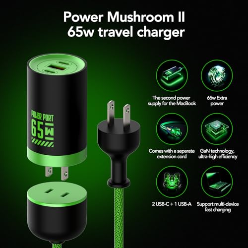 MFish 65W GaN Fast Wall Charger Block with 2 USB-C & 1 USB-A Ports, 5ft Nylon Extension Adapter – High-Speed Charging for iPhone, iPad, MacBook, Samsung Galaxy, and More Devices (Green)