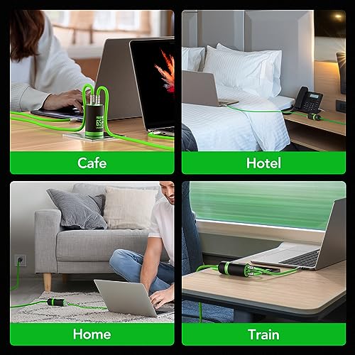 MFish 65W GaN Fast Wall Charger Block with 2 USB-C & 1 USB-A Ports, 5ft Nylon Extension Adapter – High-Speed Charging for iPhone, iPad, MacBook, Samsung Galaxy, and More Devices (Green)