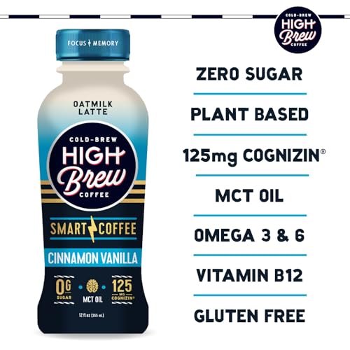 High Brew Coffee, Smart Coffee with Cognizin®, Cinnamon Vanilla, Dairy-Free, Sugar-Free, 12 Fl Oz, Ready-To-Drink (Pack of 12)