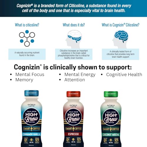 High Brew Coffee, Smart Coffee with Cognizin®, Cinnamon Vanilla, Dairy-Free, Sugar-Free, 12 Fl Oz, Ready-To-Drink (Pack of 12)