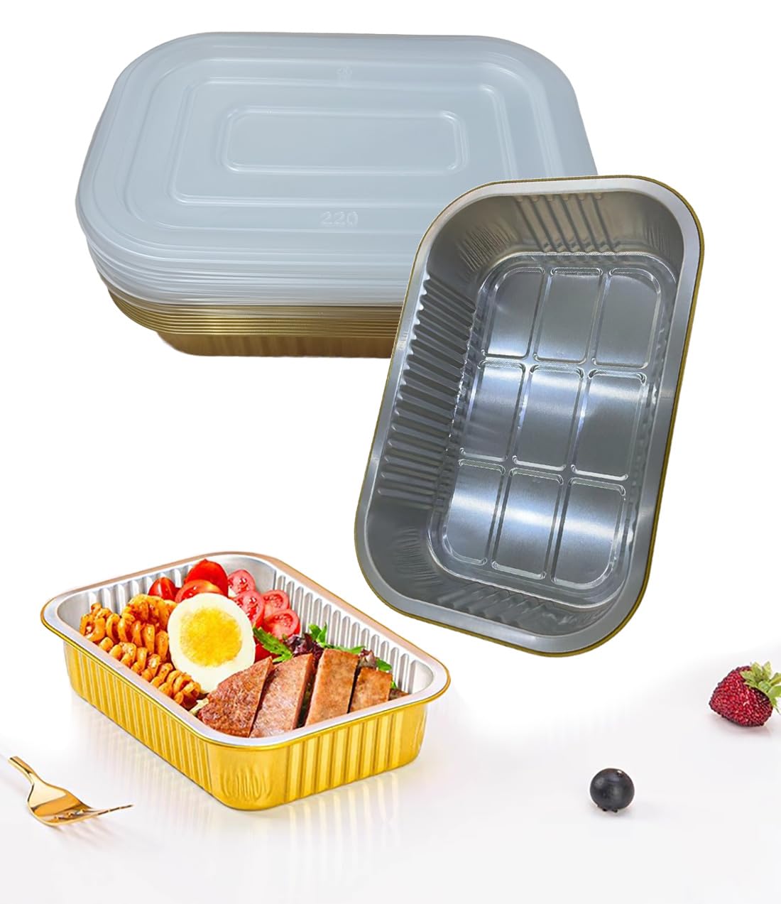 SuiXinCook Aluminum Foil Pans with lids 10pack Heavy Duty 2LB Small foil pan 8.5"×6" Disposable, For Microwave & Oven Safe Cooking,Baking,A takeaway food container,Gold
