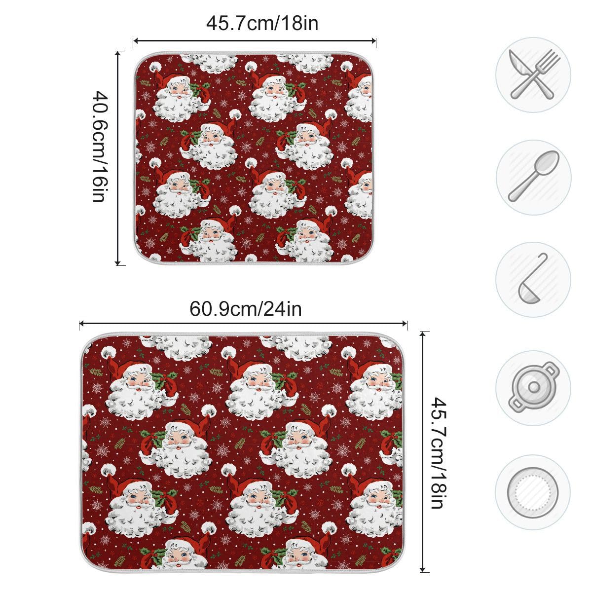 Christmas Santa Claus Red Dish Drying Mat for Kitchen Winter Snowflake Xmas Microfiber Drying Mats Absorbent Reversible Dish Pad Medium Dish Draining Mat 16x18 inch
