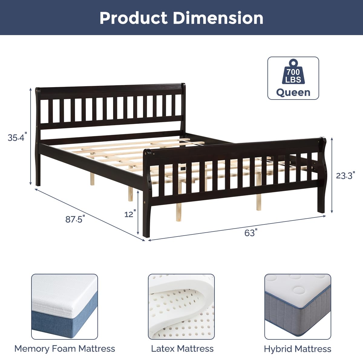 IULULU Queen Bed Frame, Solid Wood Platform Bed Frame with Headboard & Footboard, Queen Size Mattress Foundation with Wooden Slats Support, Easy Assembly, No Box Spring Needed, Espresso
