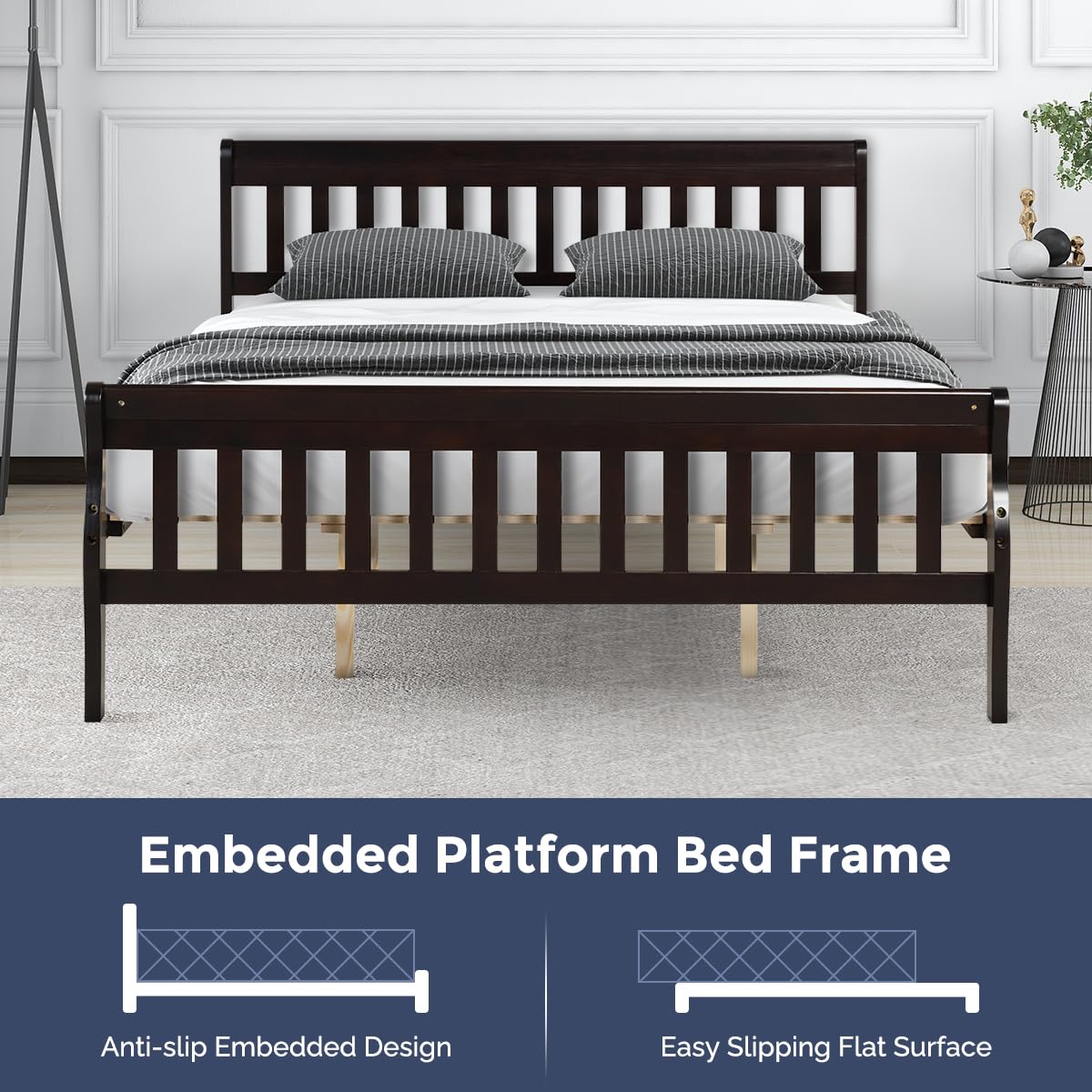 IULULU Queen Bed Frame, Solid Wood Platform Bed Frame with Headboard & Footboard, Queen Size Mattress Foundation with Wooden Slats Support, Easy Assembly, No Box Spring Needed, Espresso