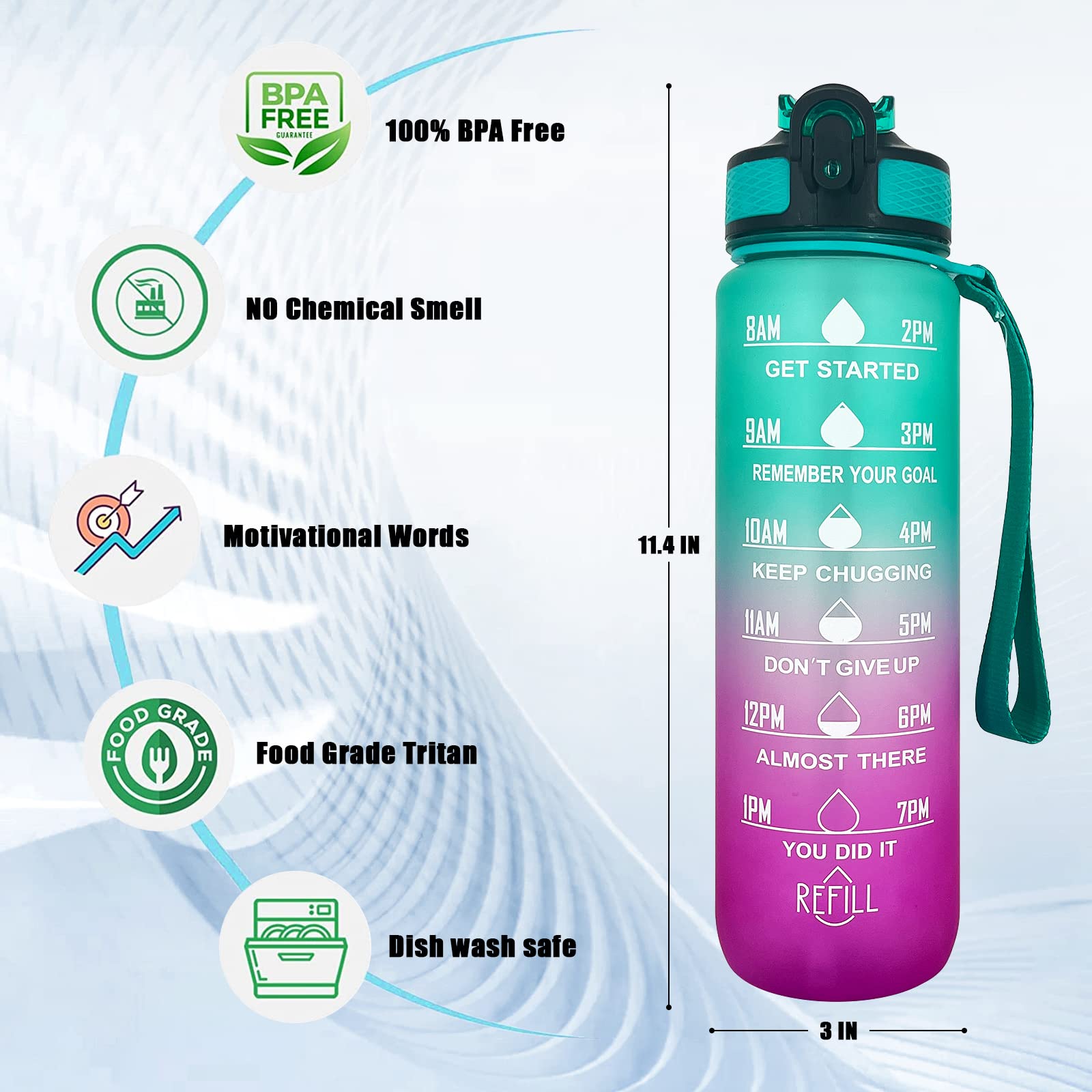 Myasrelae Water Bottle With Straw, 32 oz Water Bottles With Times to Drink,Leakproof BPA Free Bottle with Time Marker ,Ideal Gift for Gym Workouts and the Outdoors (A)