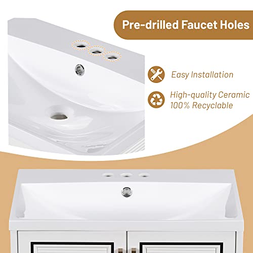 Lifeand 24" Wall Mounted Bathroom Vanity with Ceramic Basin, Two Shutter Doors, Solid Wood & MDF Board, White