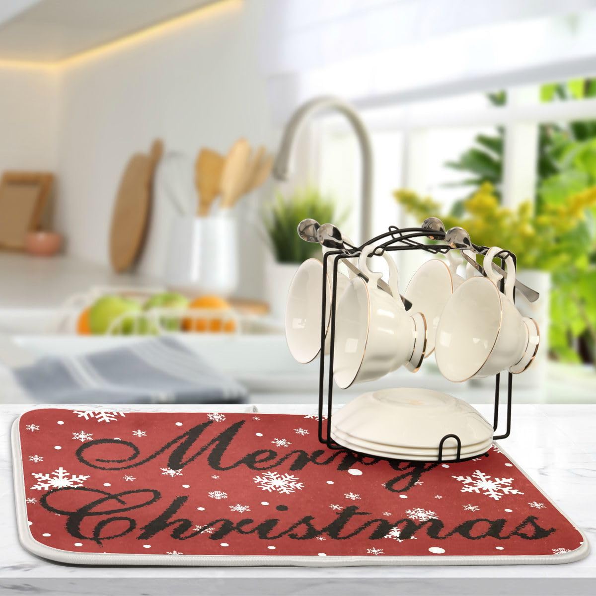 Merry Christmas Red Dish Drying Mat for Kitchen Winter Snowflake White Microfiber Drying Mats Absorbent Reversible Dish Pad Large Dish Draining Mat 18x24 inch