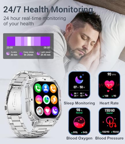 FOXBOX Smart Watch for Men Answer Call/Notification, 1.95" AMOLED Fitness Watch 108 Sport Modes Compass Step Heart Rate Sleep SpO2 BP Monitor, 5ATM Waterproof Military Smartwatch for Android iOS