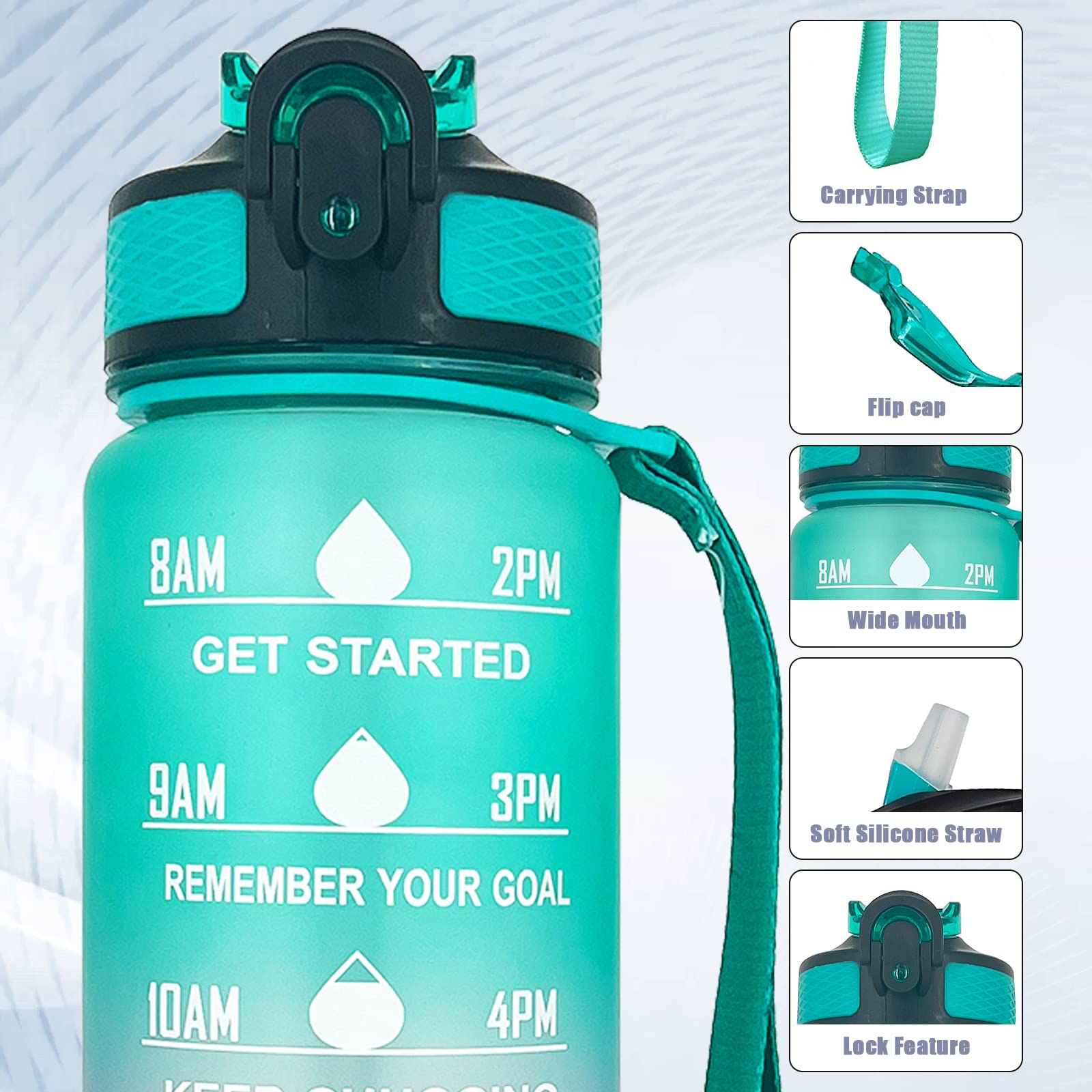 Myasrelae Water Bottle With Straw, 32 oz Water Bottles With Times to Drink,Leakproof BPA Free Bottle with Time Marker ,Ideal Gift for Gym Workouts and the Outdoors (A)