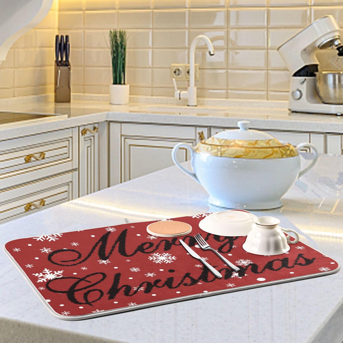 Merry Christmas Red Dish Drying Mat for Kitchen Winter Snowflake White Microfiber Drying Mats Absorbent Reversible Dish Pad Large Dish Draining Mat 18x24 inch