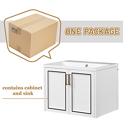 Lifeand 24" Wall Mounted Bathroom Vanity with Ceramic Basin, Two Shutter Doors, Solid Wood & MDF Board, White