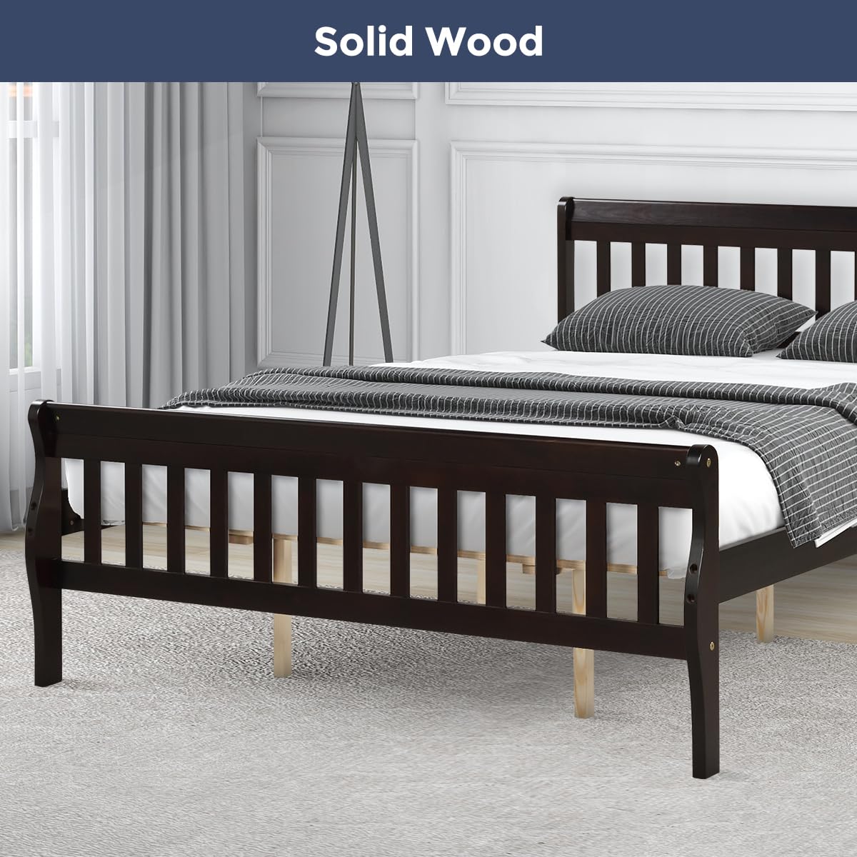 IULULU Queen Bed Frame, Solid Wood Platform Bed Frame with Headboard & Footboard, Queen Size Mattress Foundation with Wooden Slats Support, Easy Assembly, No Box Spring Needed, Espresso