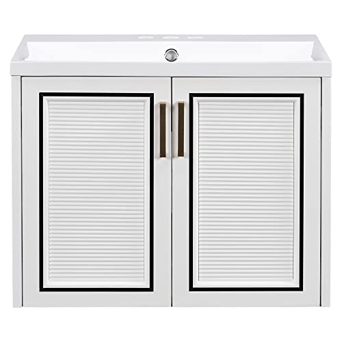 Lifeand 24" Wall Mounted Bathroom Vanity with Ceramic Basin, Two Shutter Doors, Solid Wood & MDF Board, White