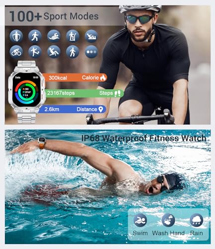 FOXBOX Smart Watch for Men Answer Call/Notification, 1.95" AMOLED Fitness Watch 108 Sport Modes Compass Step Heart Rate Sleep SpO2 BP Monitor, 5ATM Waterproof Military Smartwatch for Android iOS