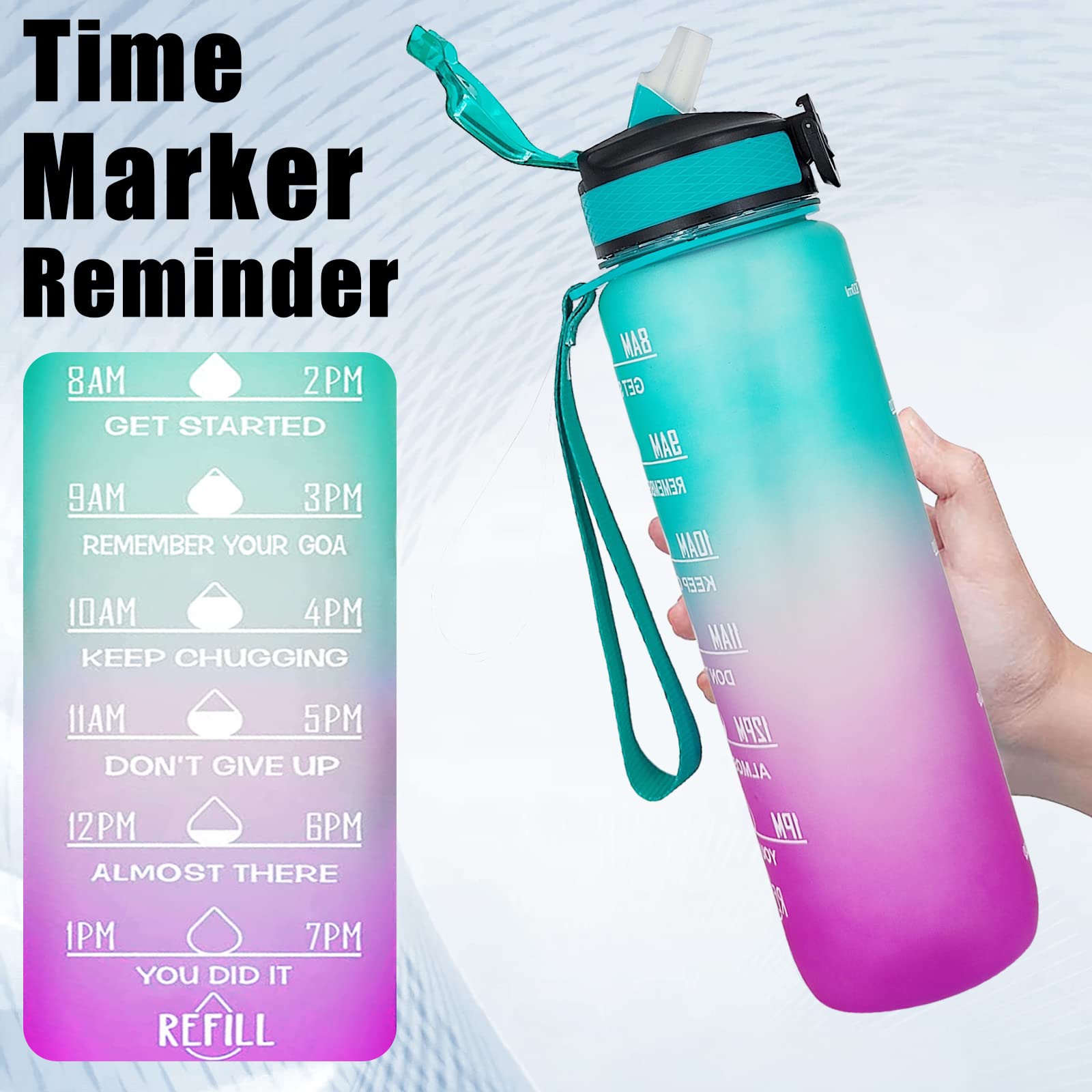 Myasrelae Water Bottle With Straw, 32 oz Water Bottles With Times to Drink,Leakproof BPA Free Bottle with Time Marker ,Ideal Gift for Gym Workouts and the Outdoors (A)