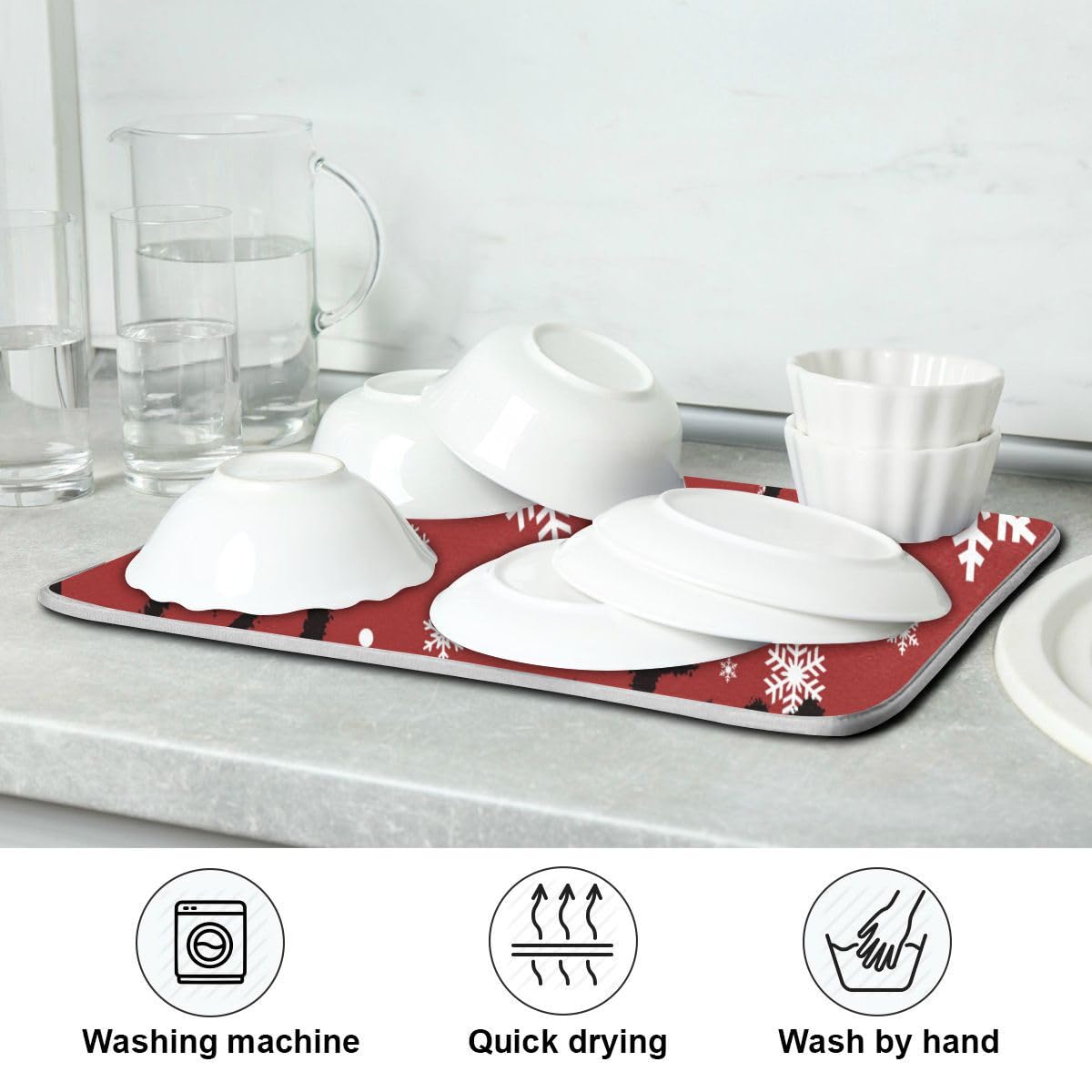 Merry Christmas Red Dish Drying Mat for Kitchen Winter Snowflake White Microfiber Drying Mats Absorbent Reversible Dish Pad Large Dish Draining Mat 18x24 inch