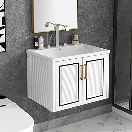 Lifeand 24" Wall Mounted Bathroom Vanity with Ceramic Basin, Two Shutter Doors, Solid Wood & MDF Board, White