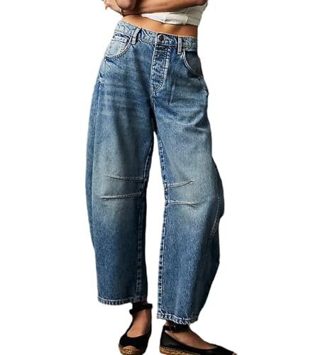 KMBANGI Womens Baggy Mid Rise Jeans Wide Leg Loose Boyfriend Denim Harem Cropped Pants Vintage Barrel Jeans Y2k(Dark Blue,L)