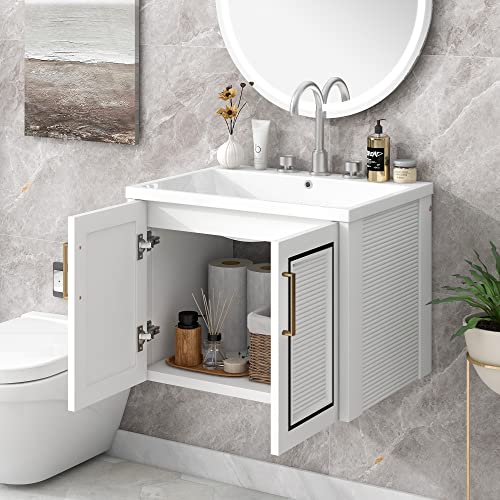 Lifeand 24" Wall Mounted Bathroom Vanity with Ceramic Basin, Two Shutter Doors, Solid Wood & MDF Board, White