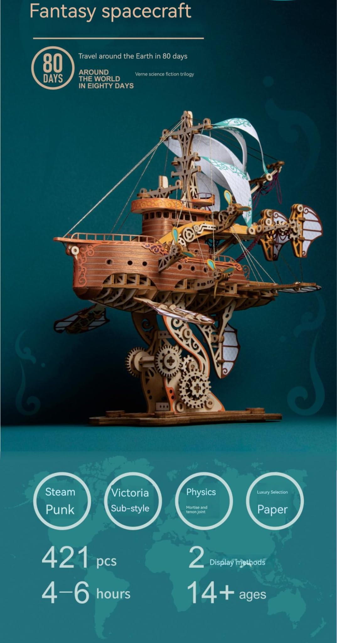 howCat 3D Wooden Puzzles for Around The Earth in 80 Days Fantasy Spaceship Model Kit to Build -Ideal Christmas or Birthday Gift for Puzzle Enthusiasts