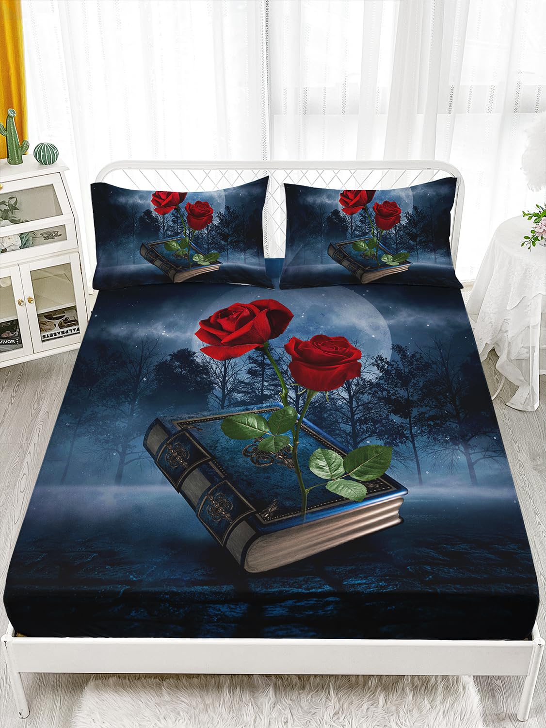 AILONEN Rose Fitted Sheet Full Size,Red 3D Romantic Rose Bedsheets Set for Girls,Romantic Flower Bedding Set,Magic Book Bed Sheet Set,1 Fitted Sheet 2 Pillowcases,3 Pcs,Soft Microfibre