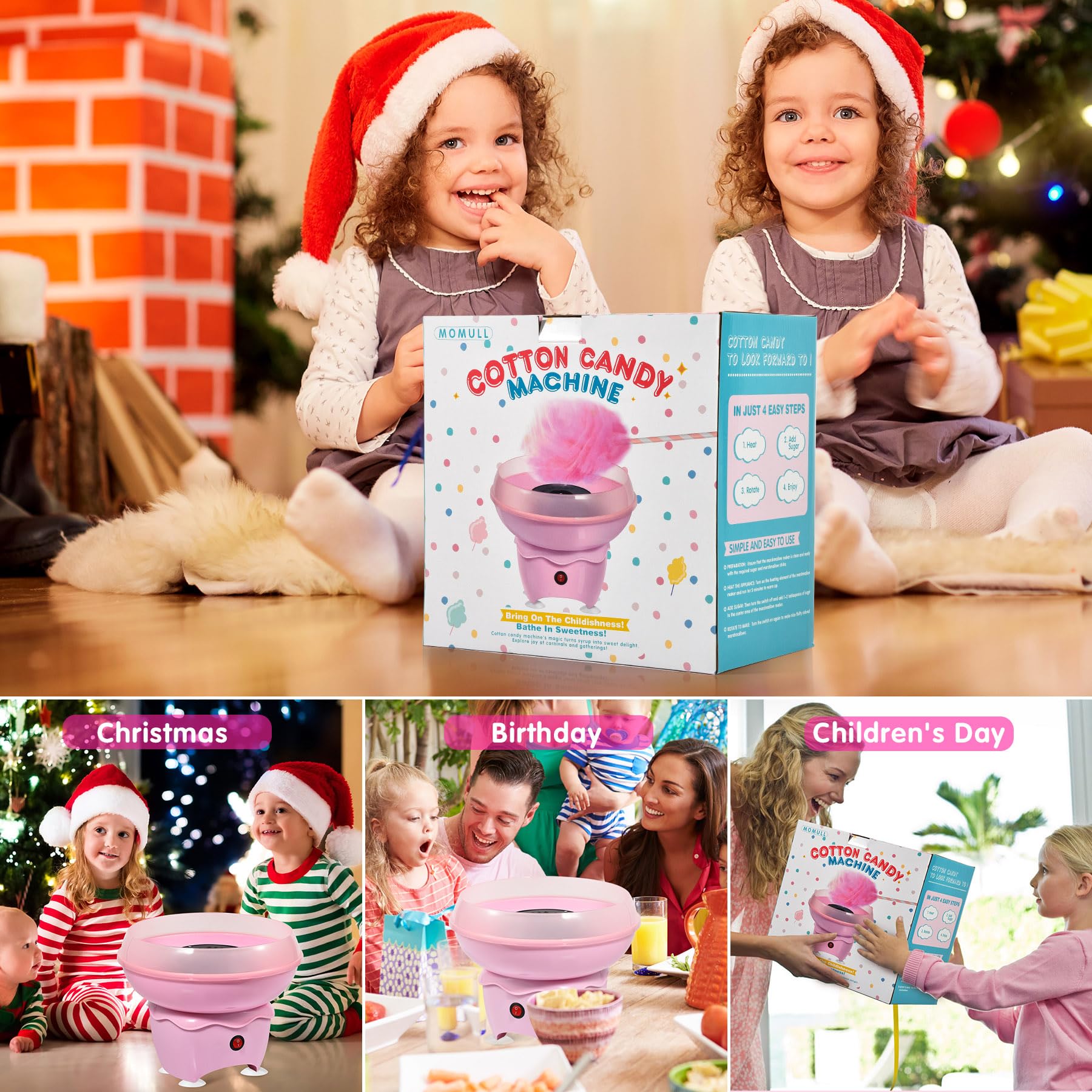 MOMULL Cotton Candy Machine, Mini Cotton Candy Maker for Kids, Pink Vintage Candy Maker for Christmas Gift, Home, Birthday Family Party, Includes 25 Cotton Candy Sticks & Sugar Scoop