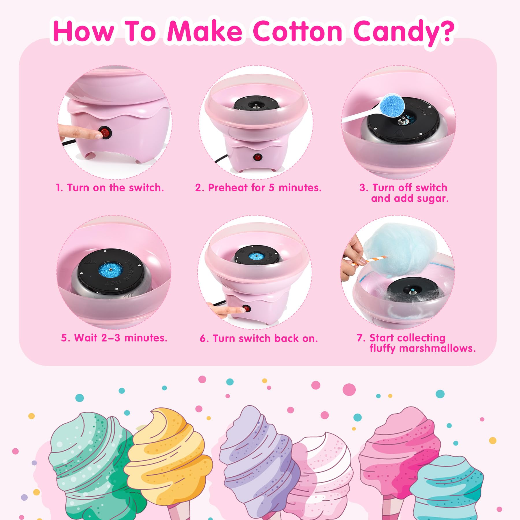 MOMULL Cotton Candy Machine, Mini Cotton Candy Maker for Kids, Pink Vintage Candy Maker for Christmas Gift, Home, Birthday Family Party, Includes 25 Cotton Candy Sticks & Sugar Scoop