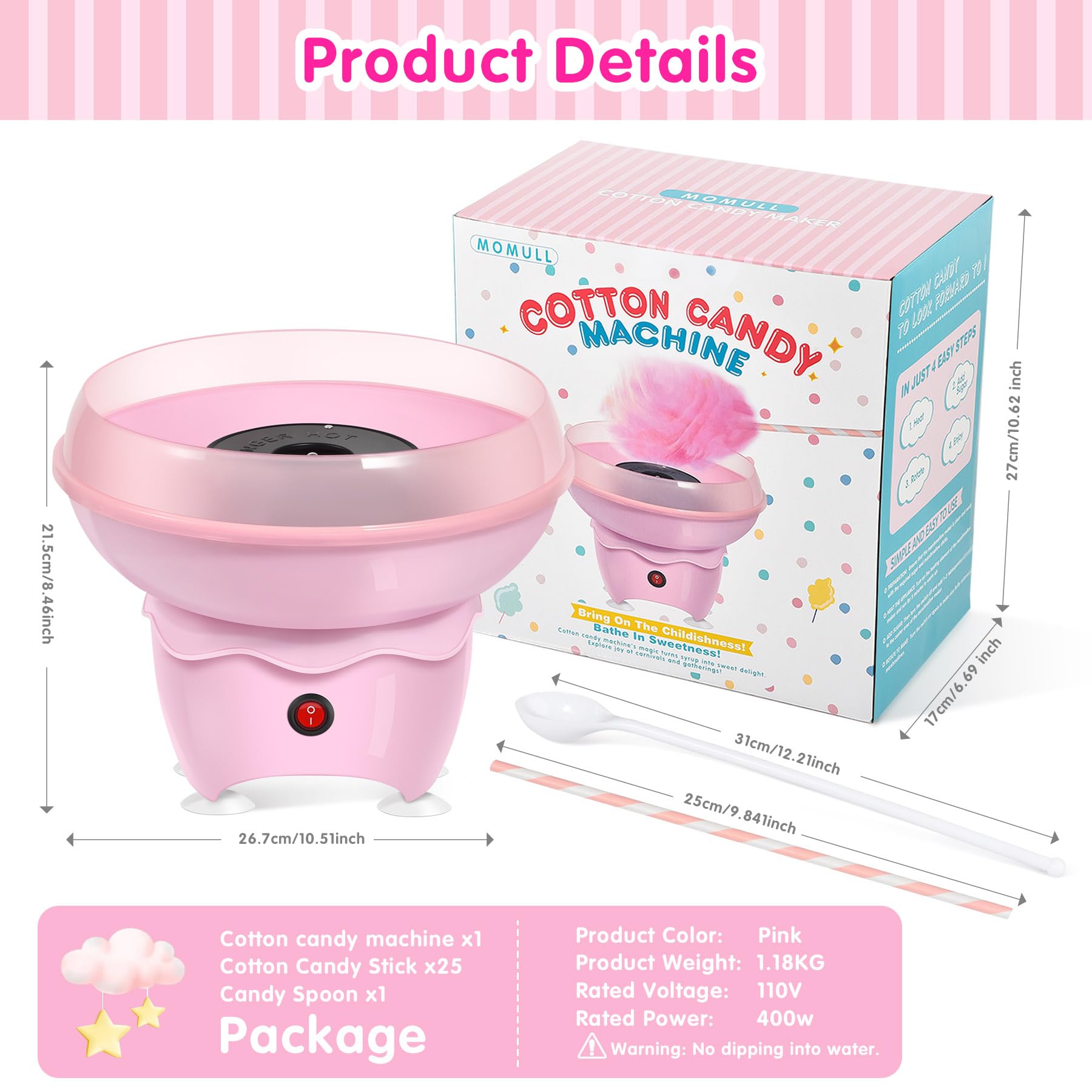 MOMULL Cotton Candy Machine, Mini Cotton Candy Maker for Kids, Pink Vintage Candy Maker for Christmas Gift, Home, Birthday Family Party, Includes 25 Cotton Candy Sticks & Sugar Scoop