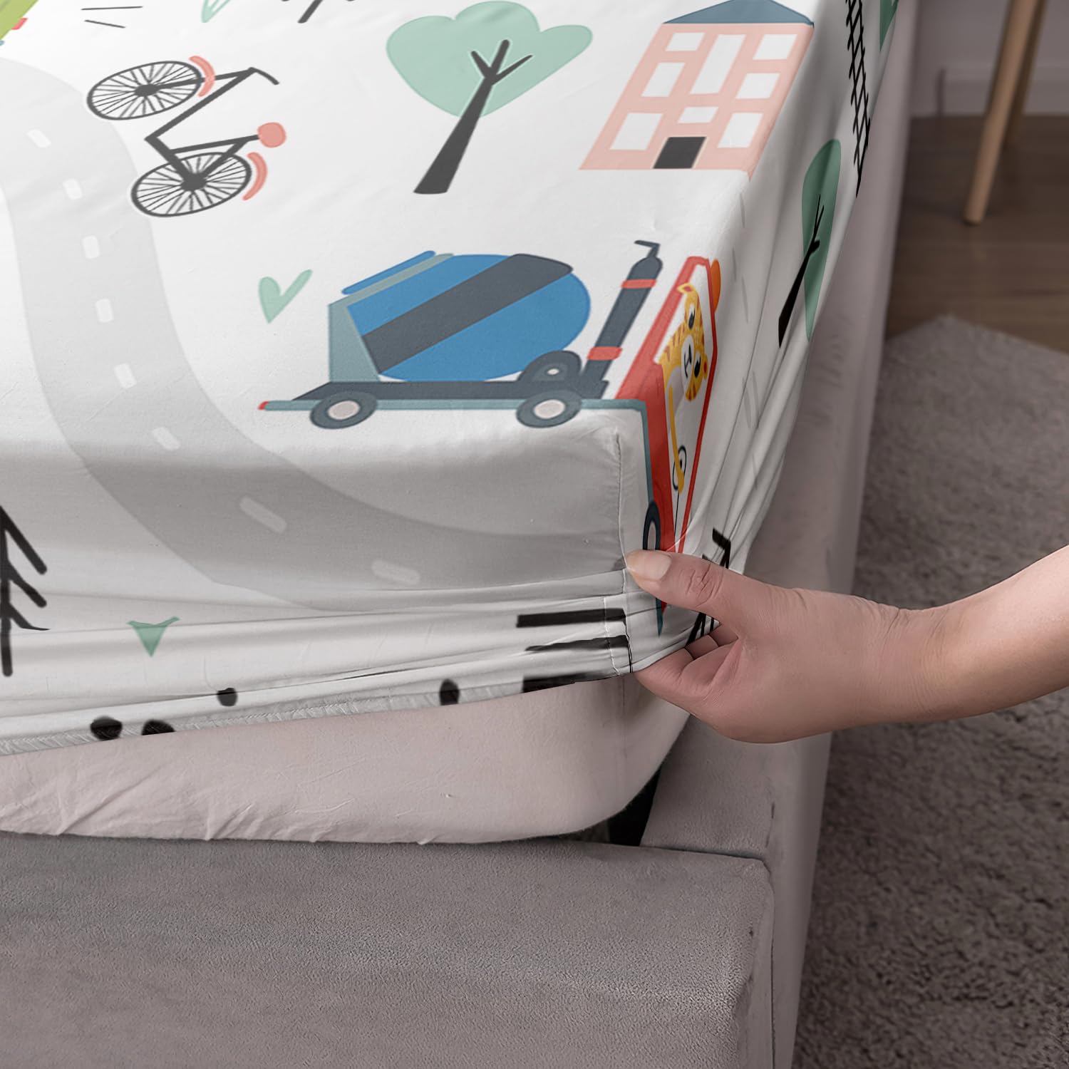 AILONEN Construction Fitted Sheet Set Full Size, Cartoon Cars Fitted Sheet,Equipment Truck Sheets Set for Boys Kids, 1 Fitted Sheet and 2 Pillowcases