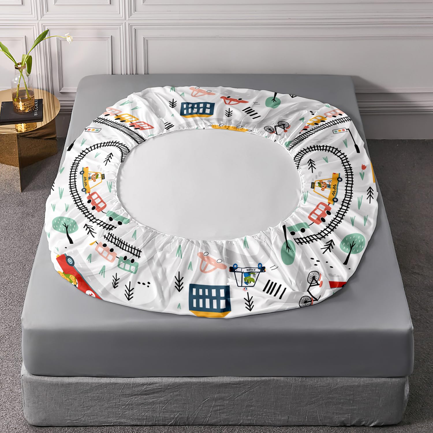 AILONEN Construction Fitted Sheet Set Full Size, Cartoon Cars Fitted Sheet,Equipment Truck Sheets Set for Boys Kids, 1 Fitted Sheet and 2 Pillowcases