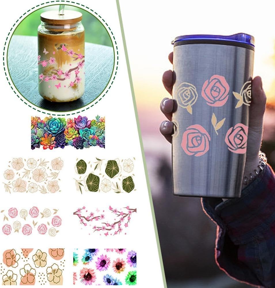 Cololful Succulents Theme Rub on Transfers Decals,UV DTF Transfer Waterproof Sticker Iron-on Transfers for Glass Coffee Cups,Vintage Cups Wrap Transfer Stickers Decals
