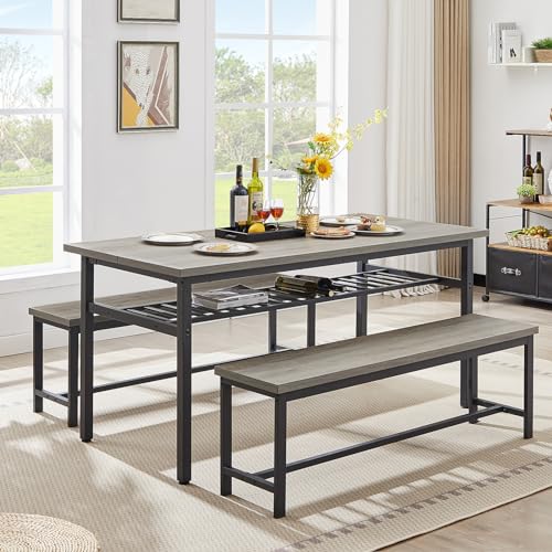 Rovibek 2 Benches Dining Table Set, Modern Space Saving Kitchen Desk, Wooden Industrial Style Farmhouse, 67", Grey