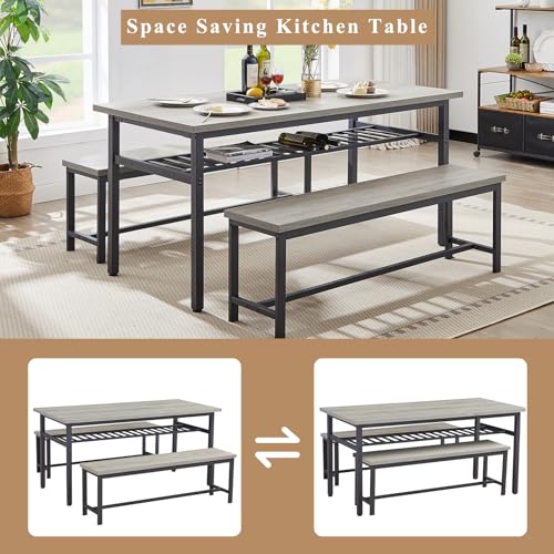 Rovibek 2 Benches Dining Table Set, Modern Space Saving Kitchen Desk, Wooden Industrial Style Farmhouse, 67", Grey