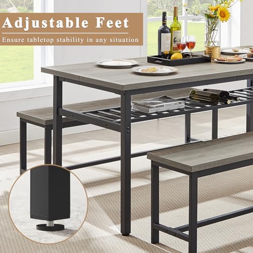 Rovibek 2 Benches Dining Table Set, Modern Space Saving Kitchen Desk, Wooden Industrial Style Farmhouse, 67", Grey