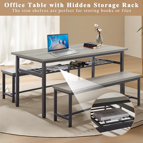 Rovibek 2 Benches Dining Table Set, Modern Space Saving Kitchen Desk, Wooden Industrial Style Farmhouse, 67", Grey